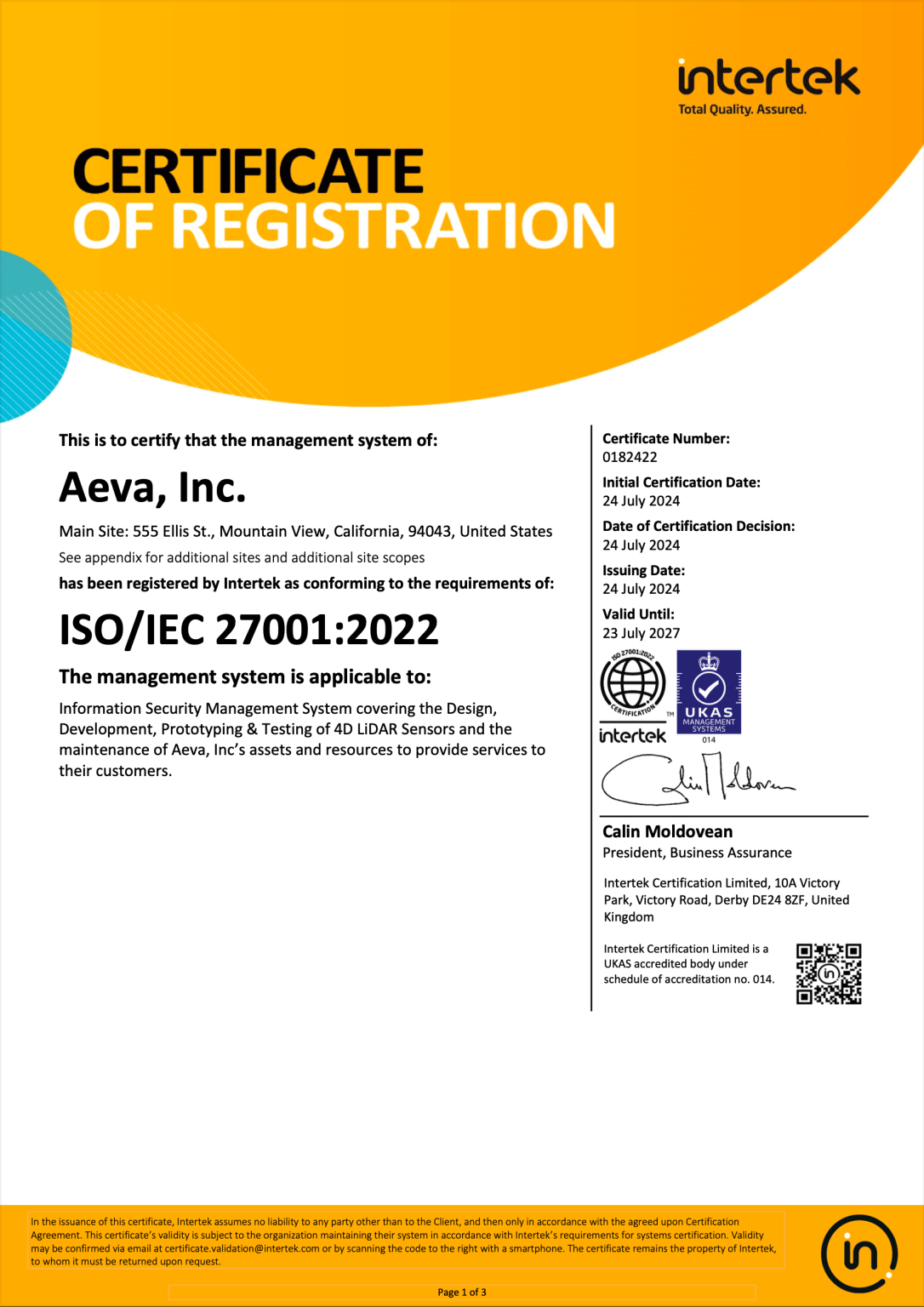 Aeva Achieves ISO 27001 Information Security Management Certification – Aeva
